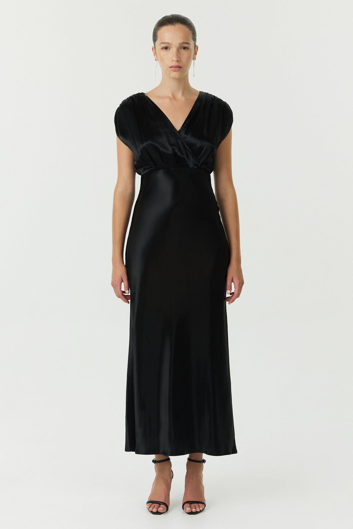 SATIN CROSS OVER GATHER DRESS | BLACK — THIRD FORM