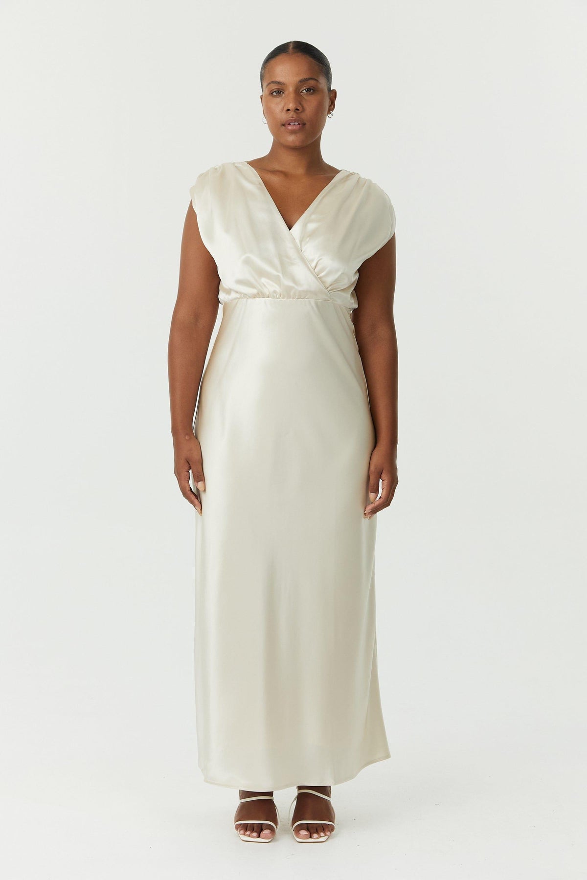 SATIN CROSS OVER GATHER DRESS | BUTTERCREAM — THIRD FORM