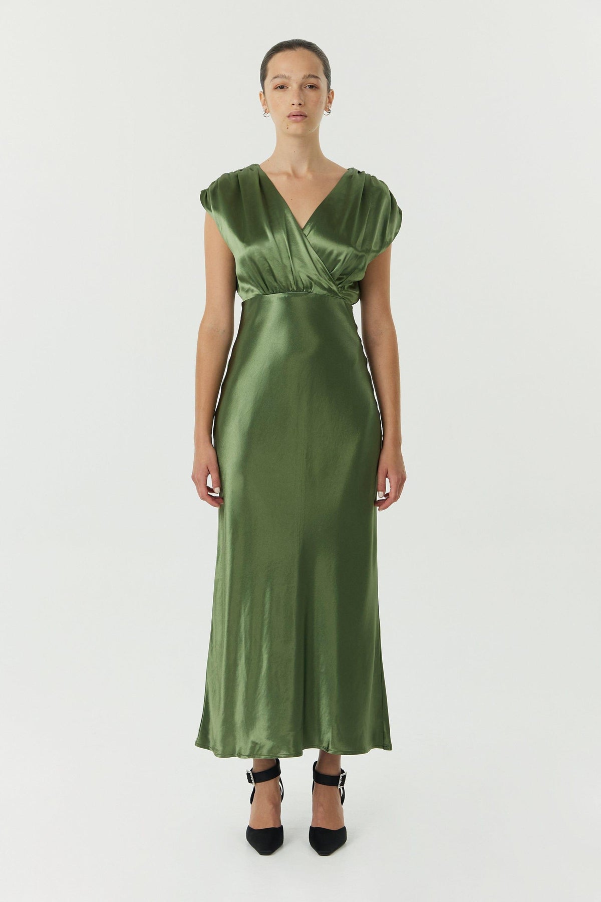 SATIN CROSS OVER GATHER DRESS | OLIVE — THIRD FORM