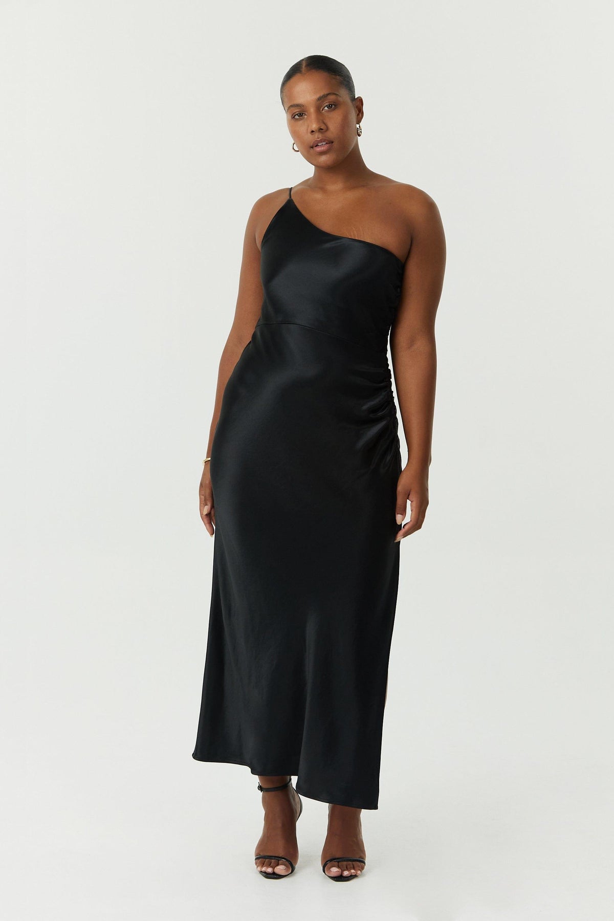 SATIN GATHER ONE SHOULDER DRESS | BLACK — THIRD FORM