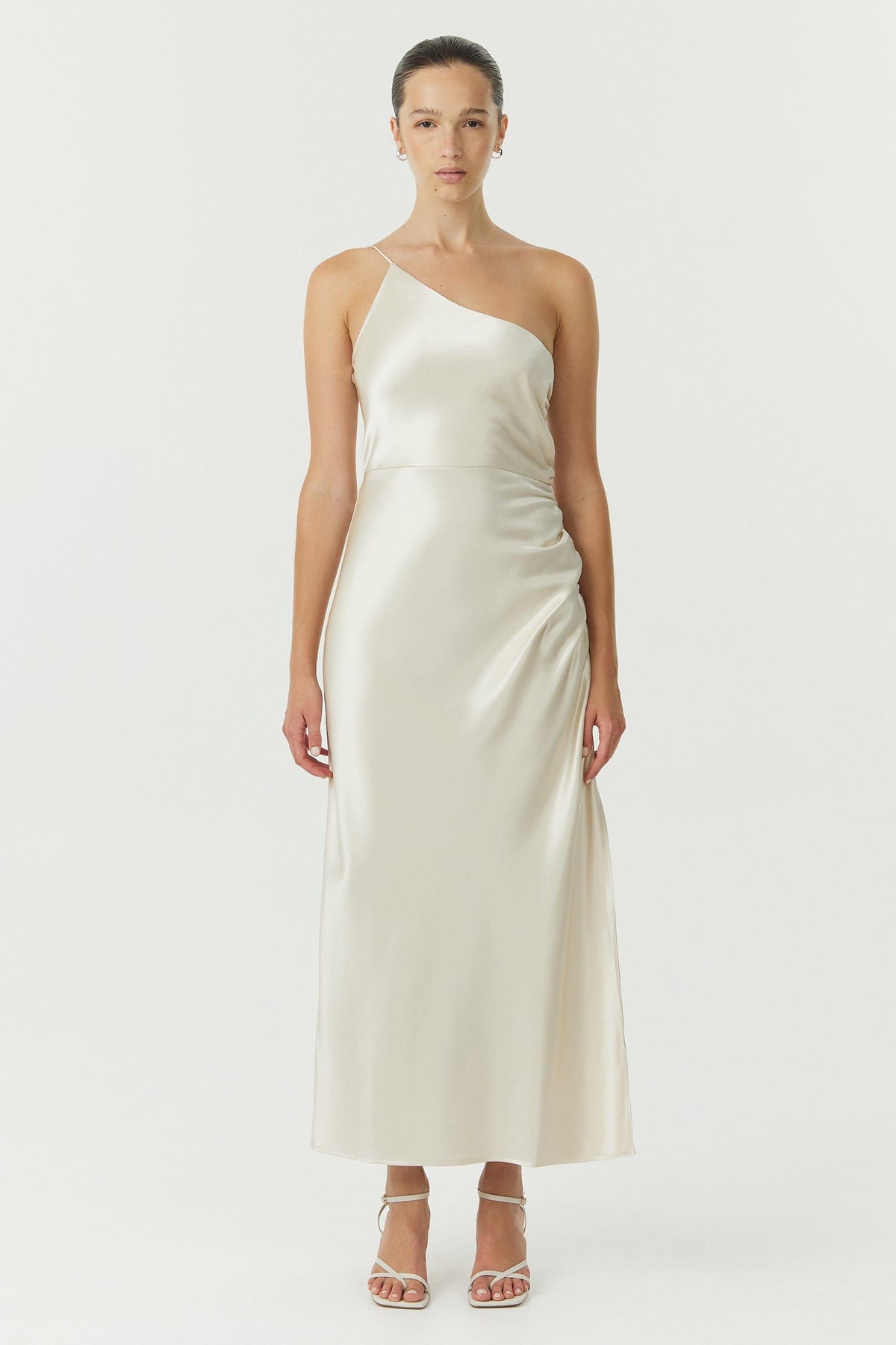 SATIN GATHER ONE SHOULDER DRESS | BUTTERCREAM — THIRD FORM