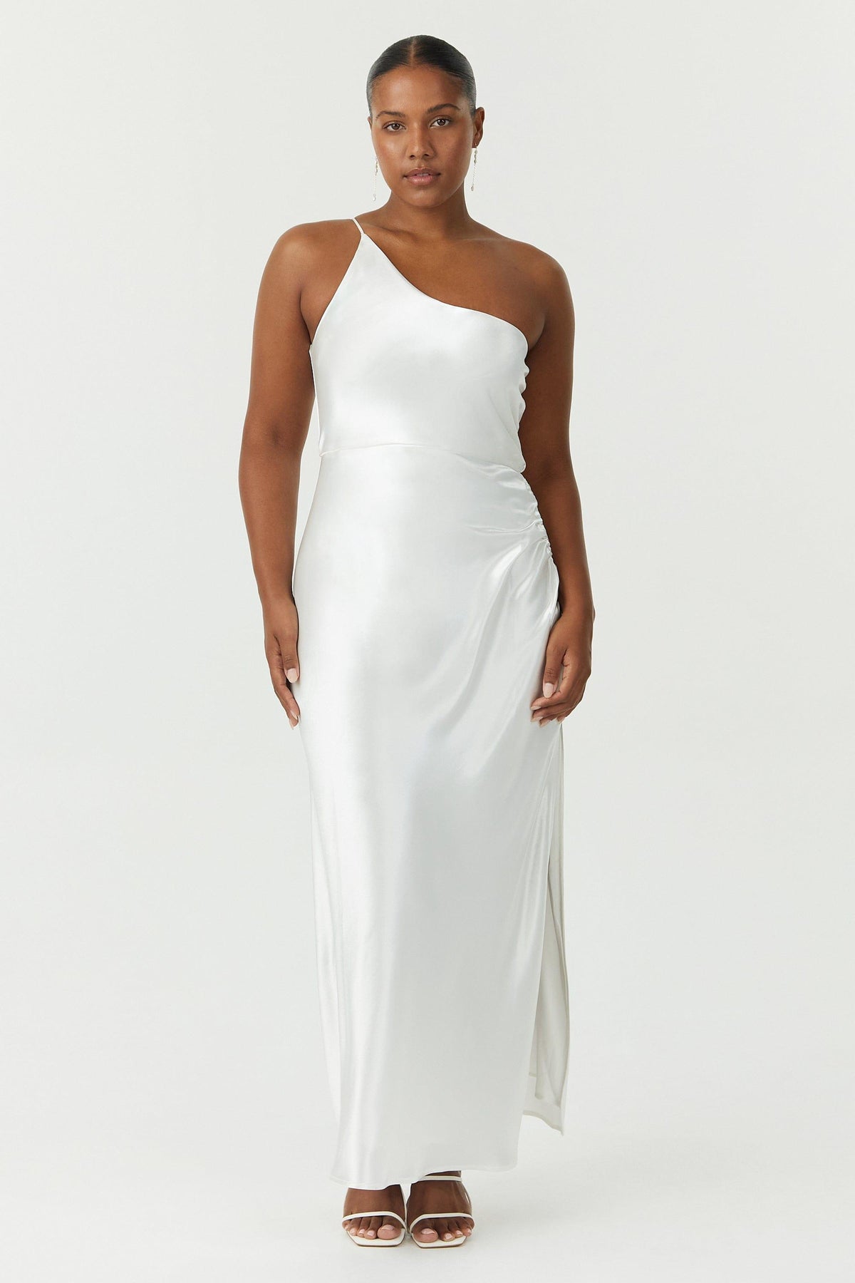SATIN GATHER ONE SHOULDER DRESS | POWDER WHITE — THIRD FORM