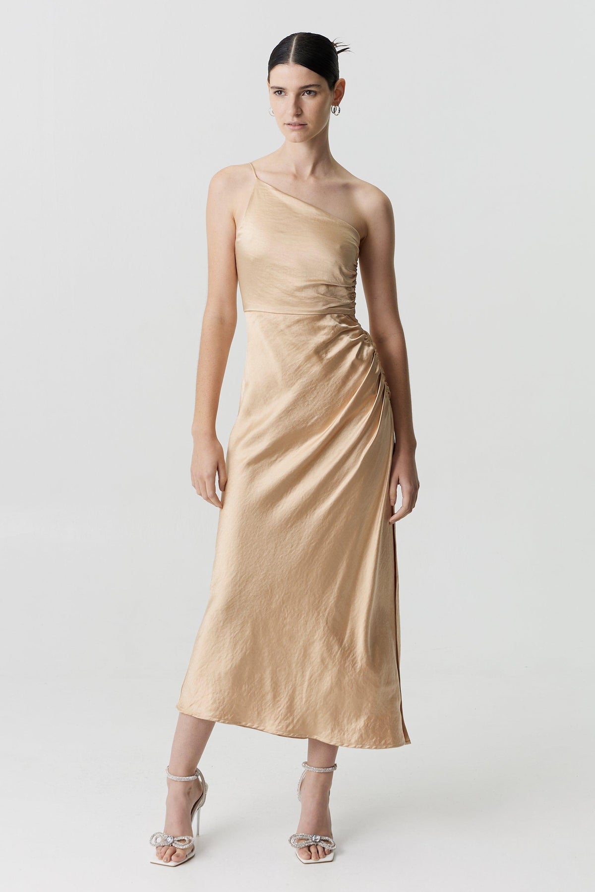 SATIN GATHER ONE SHOULDER DRESS | SAND — THIRD FORM