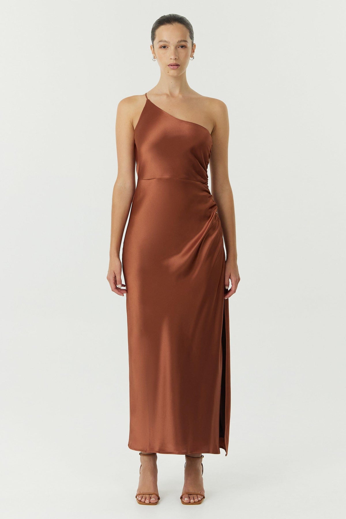 SATIN GATHER ONE SHOULDER DRESS | SPICE — THIRD FORM